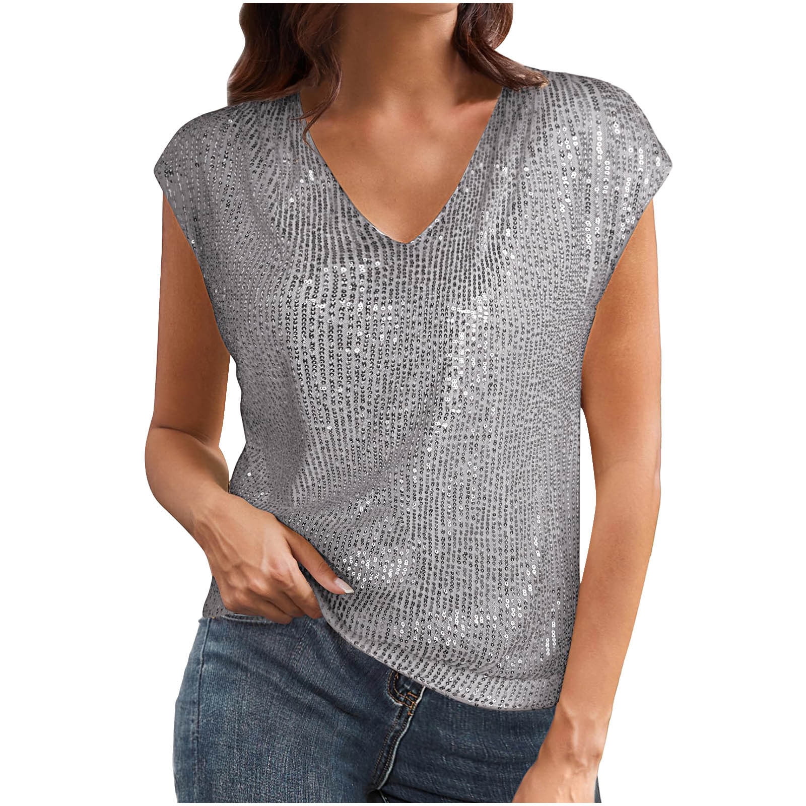 Sequin Vests for Women Sparkling Vest Sleeveless Camisoles Deep V-Neck ...