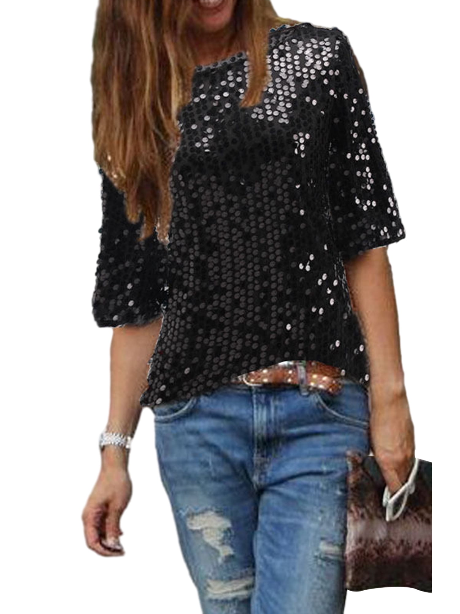 Sequin Womens Sparkle Glitter Tank 3/4 Sleeve Cocktail Party Top T ...