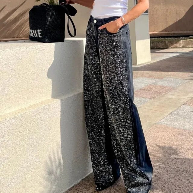 Sequined Loose Pants Women Autumn Fashion Wide Leg High Waist Zipper ...