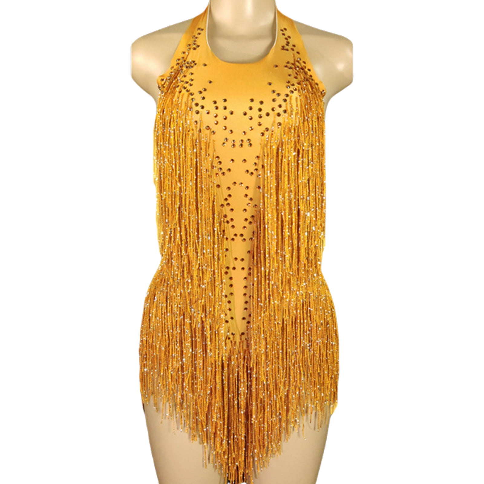 Sequins Tassels Latin Dance Costume Halterneck Backless Fringe Dress ...