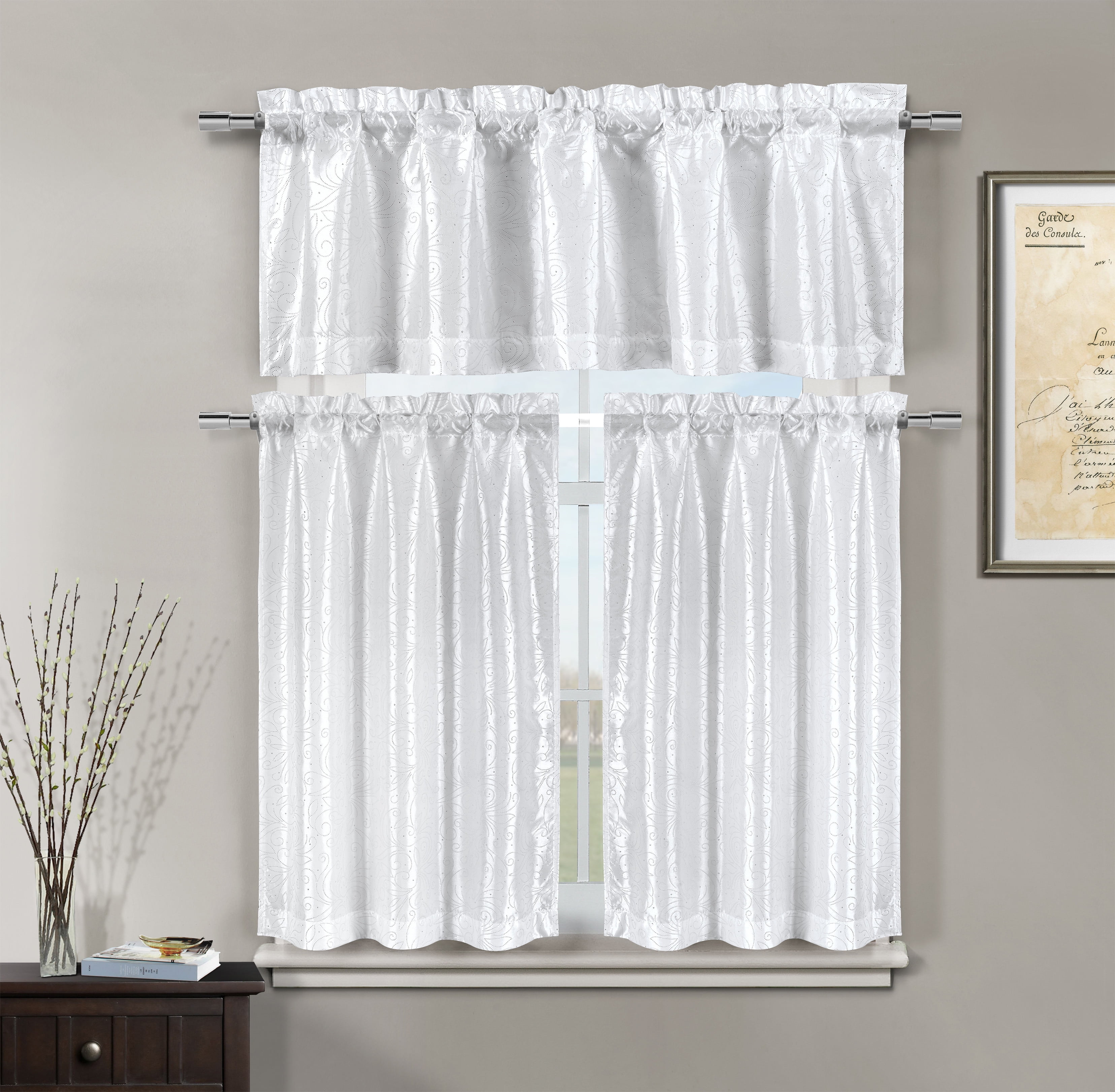 Serafina Home 3 Pc Kitchen Window Curtain Set: Faux Silk, Raised Pin ...