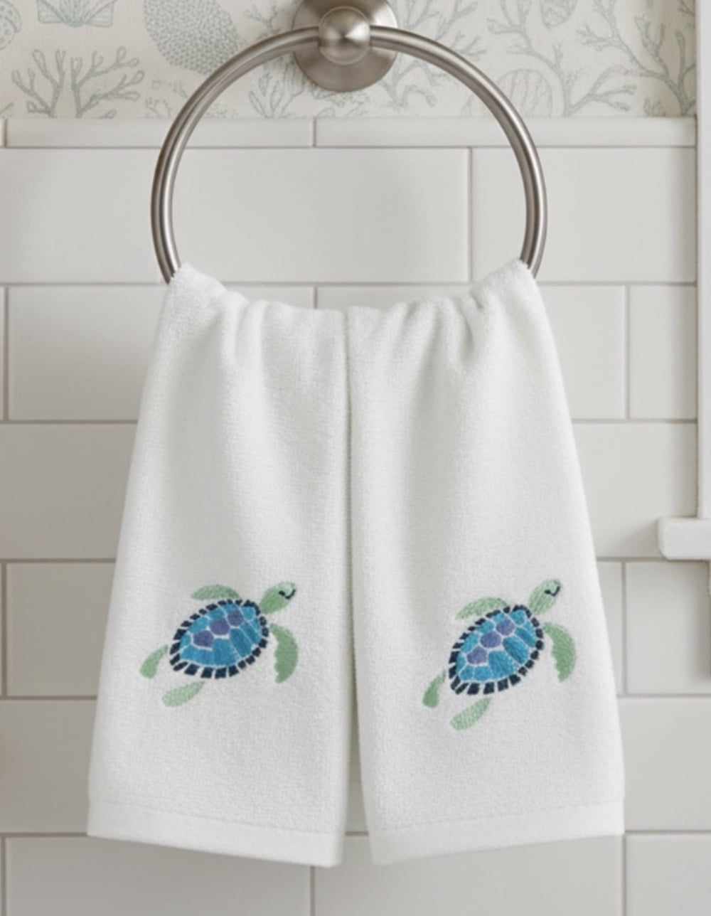 Serafina Home Turtle Bath Fingertip Towels, Aqua Blue Embroidery, 12x18 ...