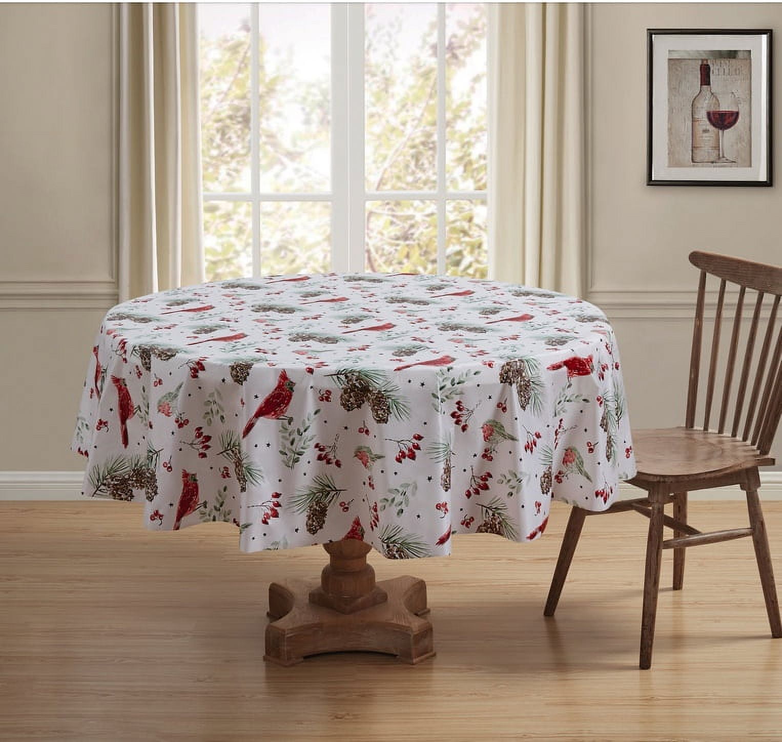 Serafina Home Cardinal And Holly Christmas Tablecloth, Peva 70" Round ...