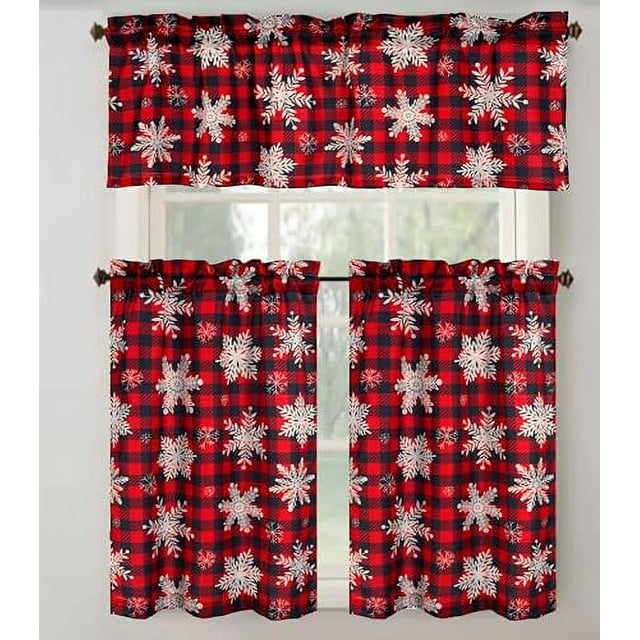 Serafina Home Xmas Holiday Window Curtains: Plaid Snowflake Pattern ...