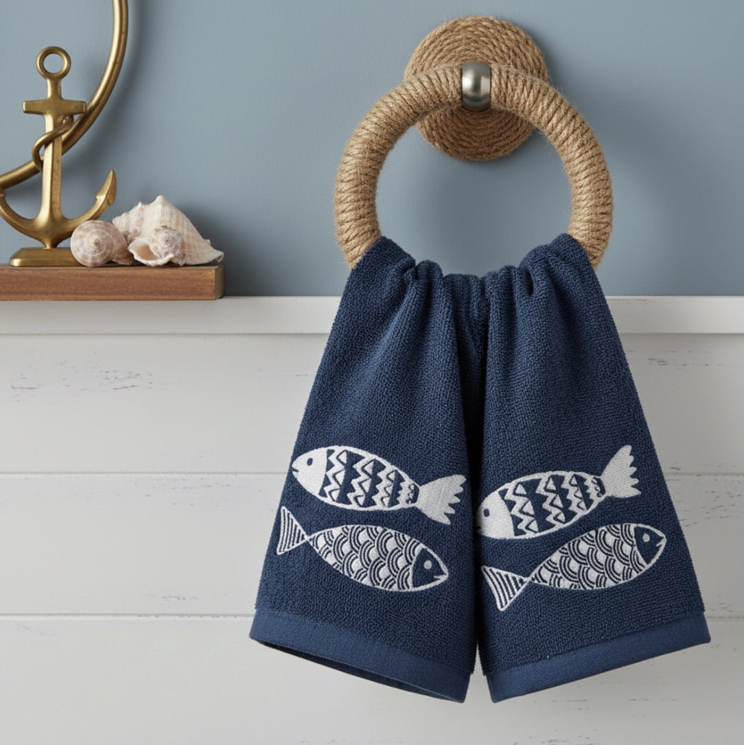 Serafina Home Coastal Bathroom Fingertip Towels – Set of 2 Navy Blue ...