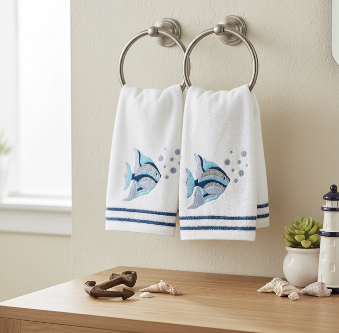 Serafina Home Coastal Fingertip Towels for Bathroom – Set of 2 White ...
