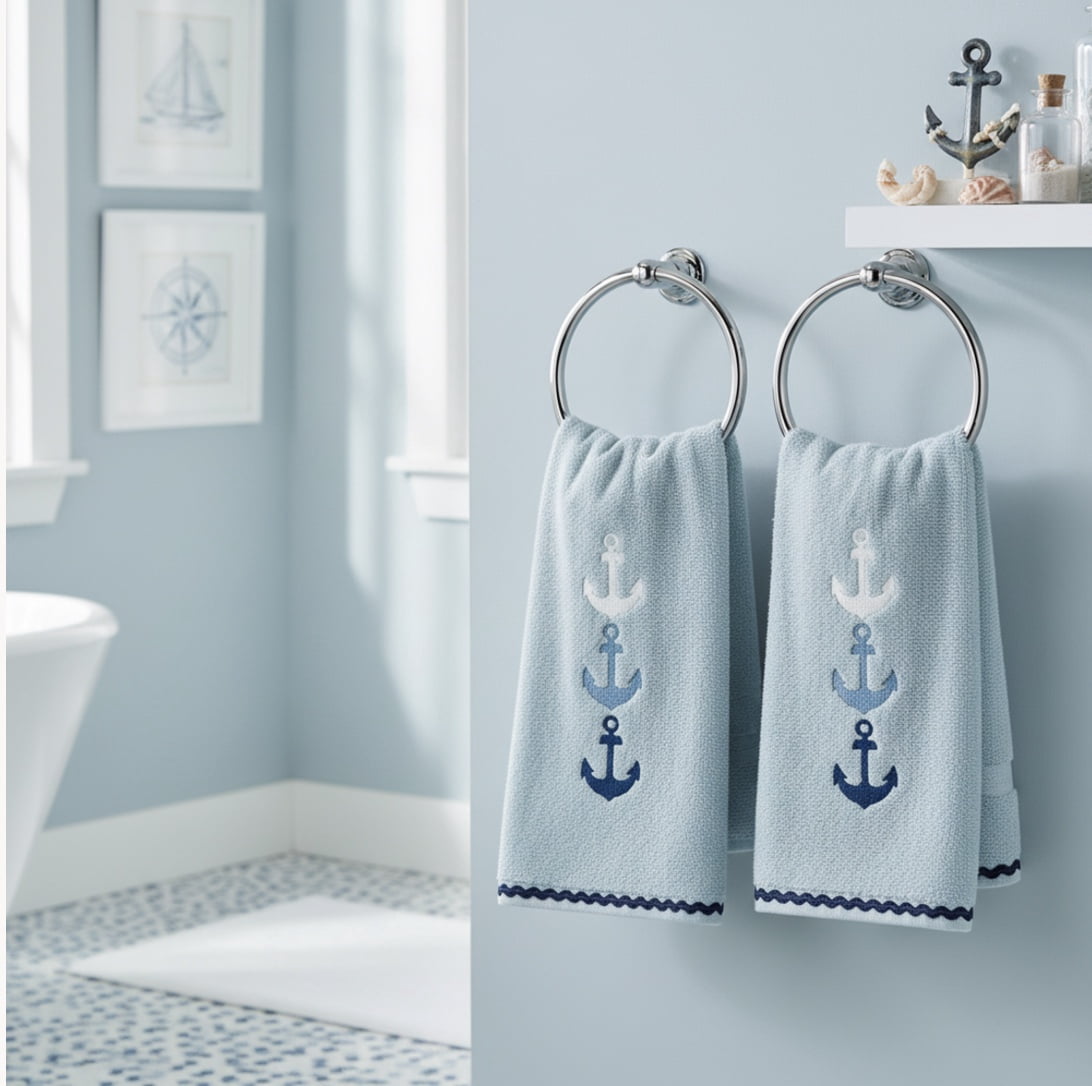 Serafina Home Coastal Nautical Ocean Embroidered Blue White Fingertip ...