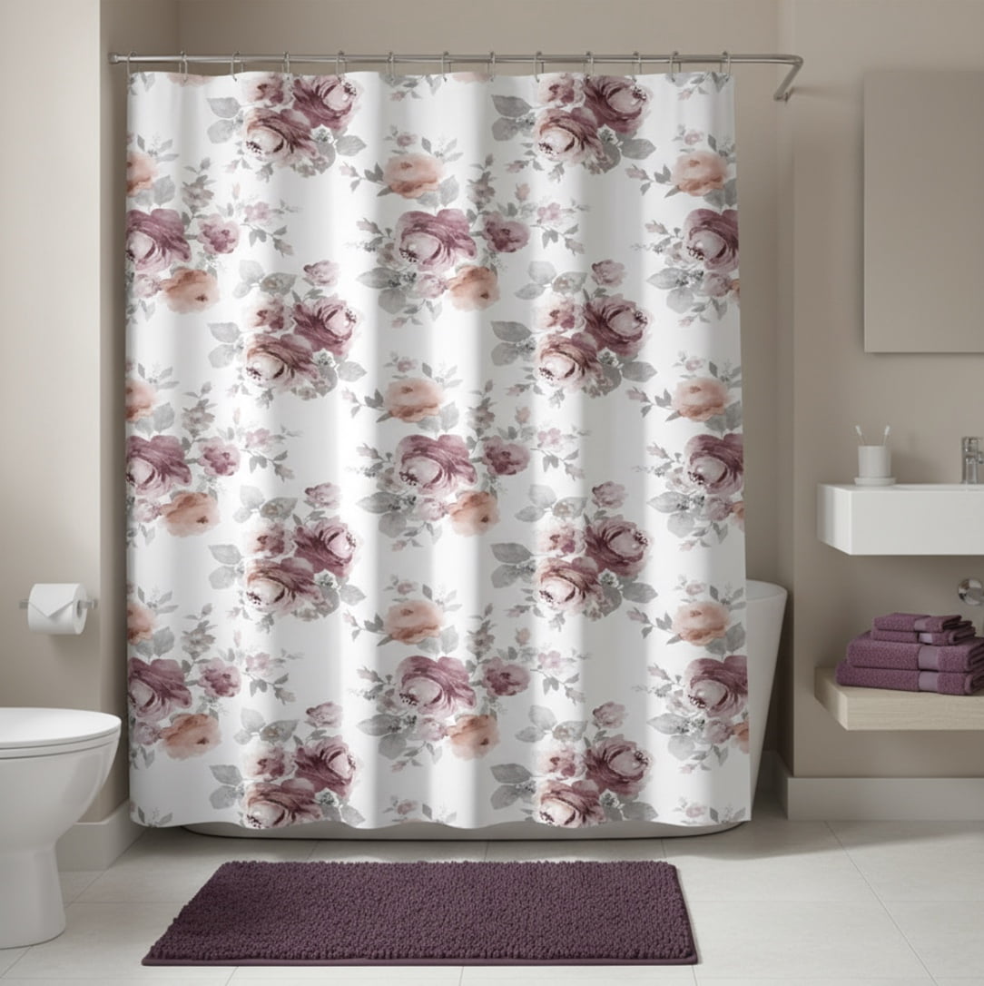 Serafina Home Burgundy, Pink & Grey Burgundy Flowers Fabric Shower ...