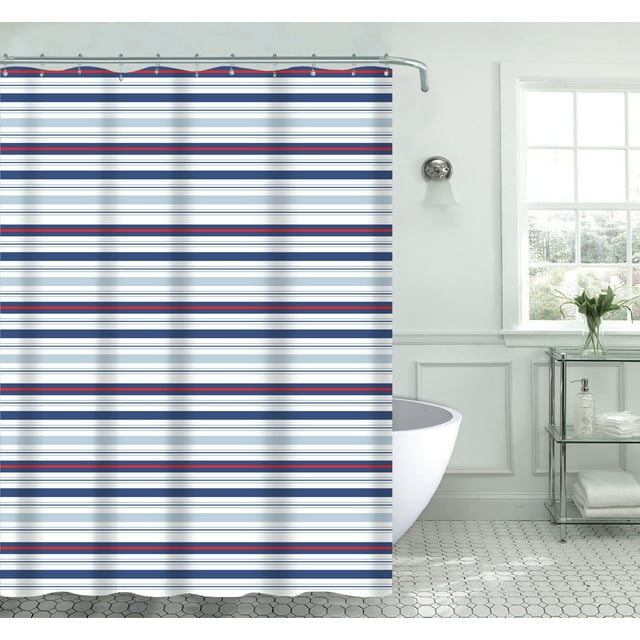Serafina Home Decor Blue Red And White Striped Fabric Shower Curtain