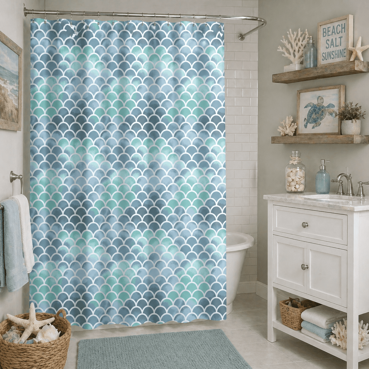 Serafina Home Decor Green, Blue and White Fish Scales/Mermaid Fabric ...