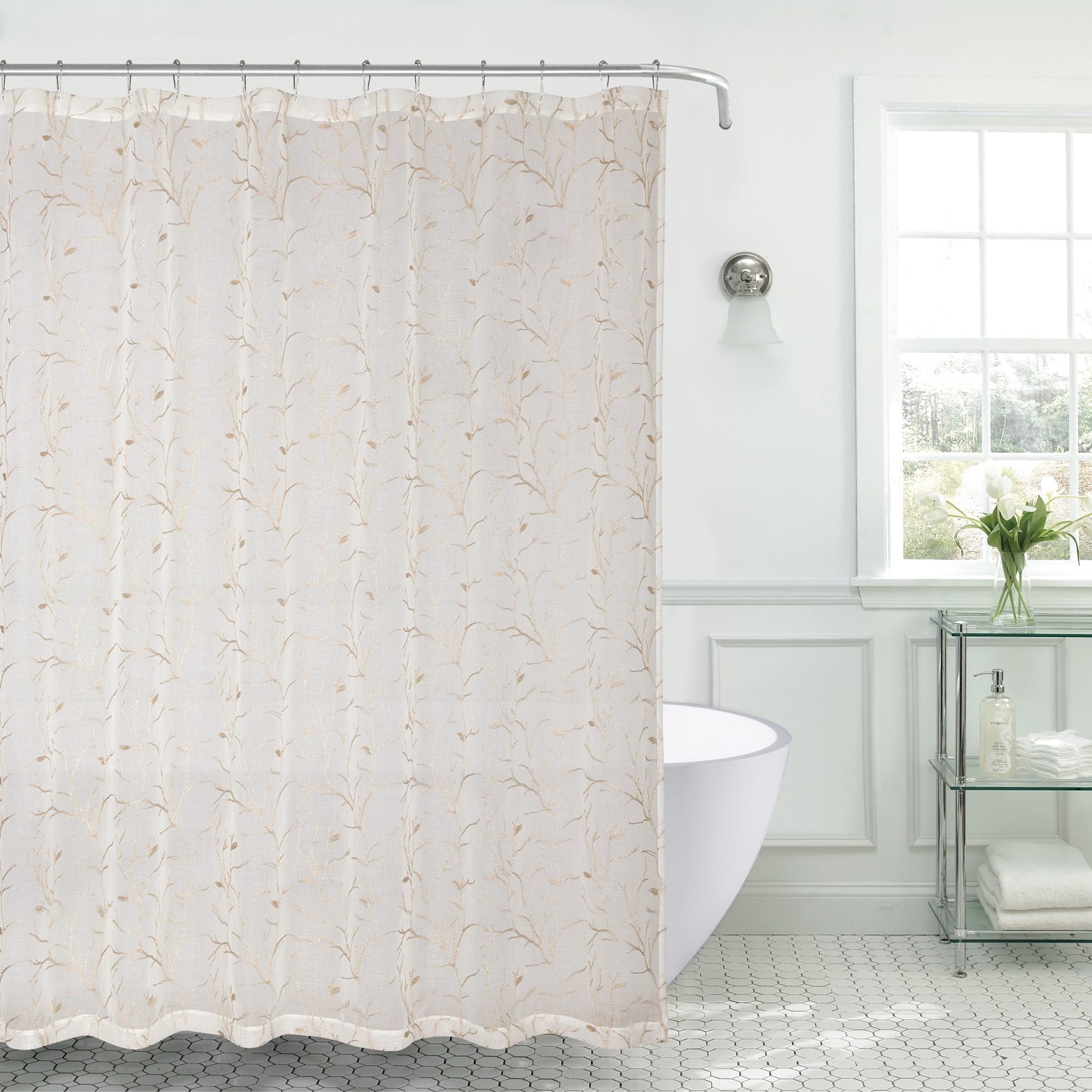 White fabric shower curtain store