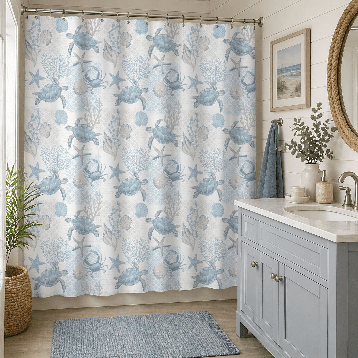"Serafina Home Blue Sea Life Polyester Shower Curtain, Ocean Turtles ...