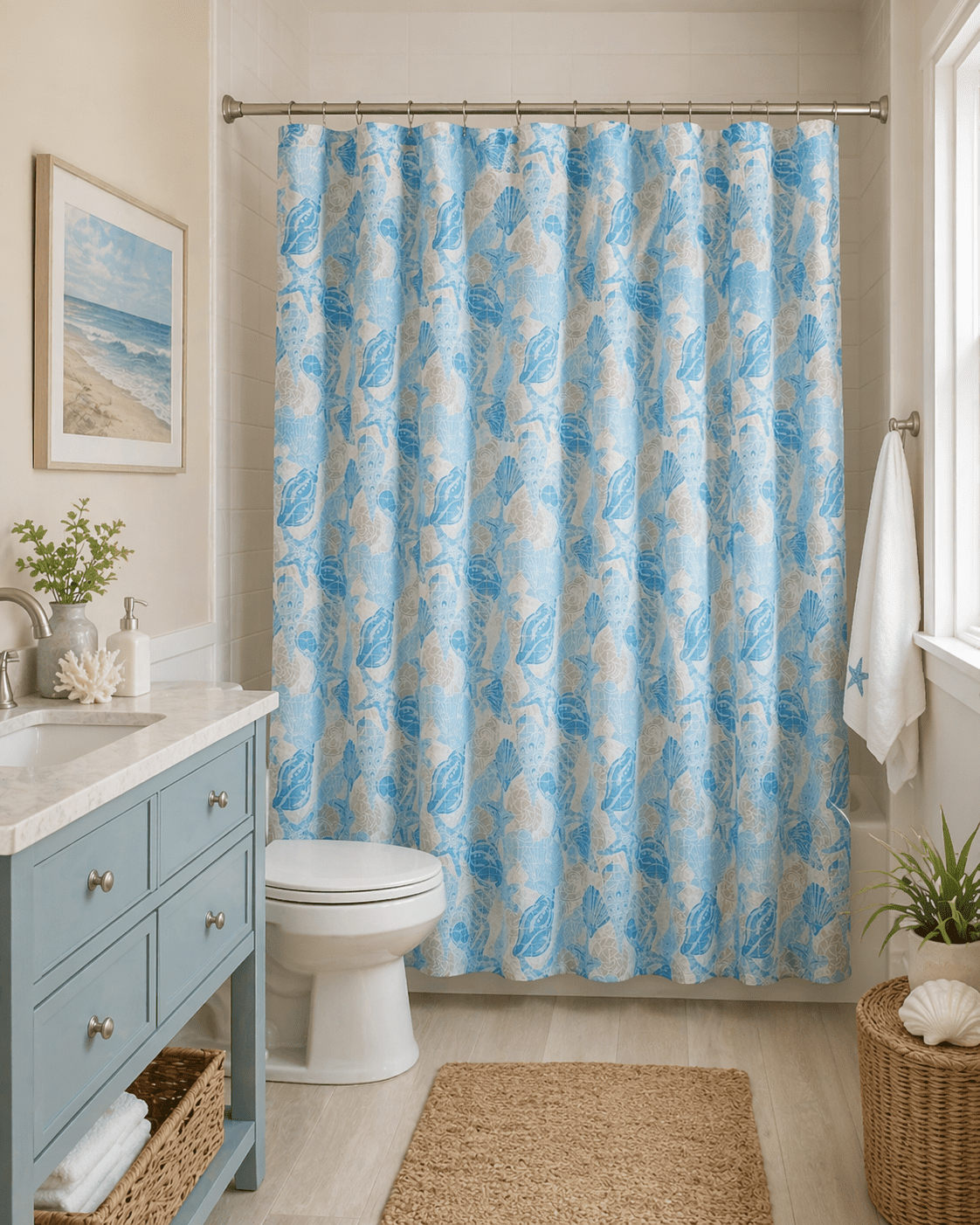 Serafina Home Fabric Ocean Sea Life Shower Curtain for Bathroom: Shells ...