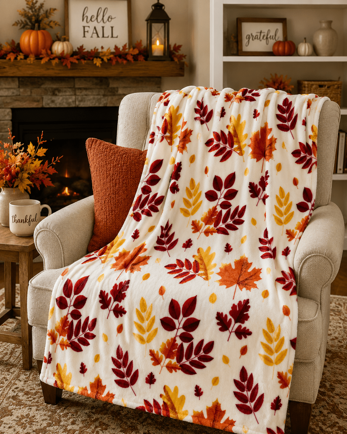Serafina Home Fall Throw Blanket: Colorful Autumn Leaves, Burgundy Red ...
