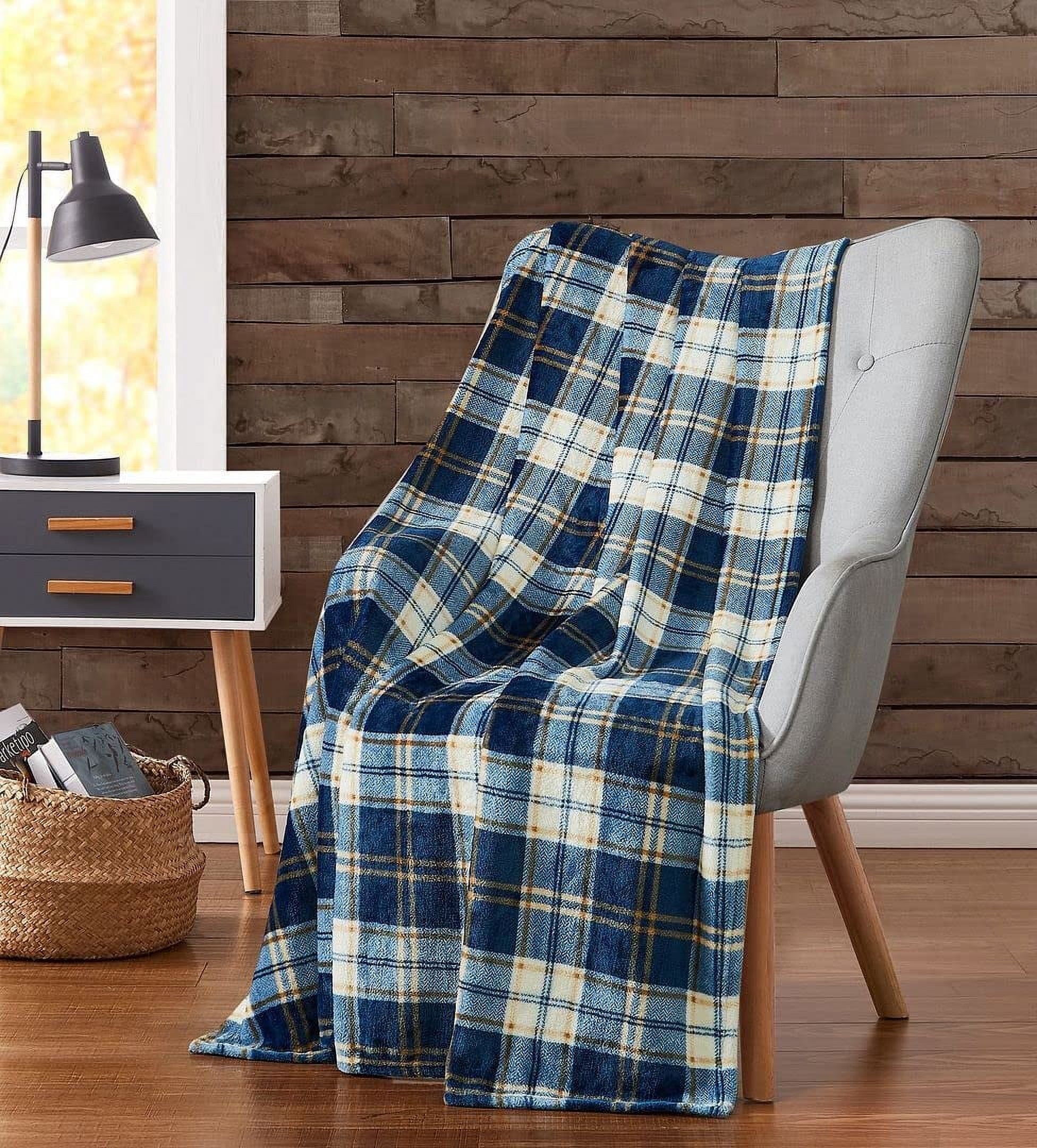 Serafina Home Fall Farmhouse Throw Blanket: Soft Teal Blue Cream Plaid ...