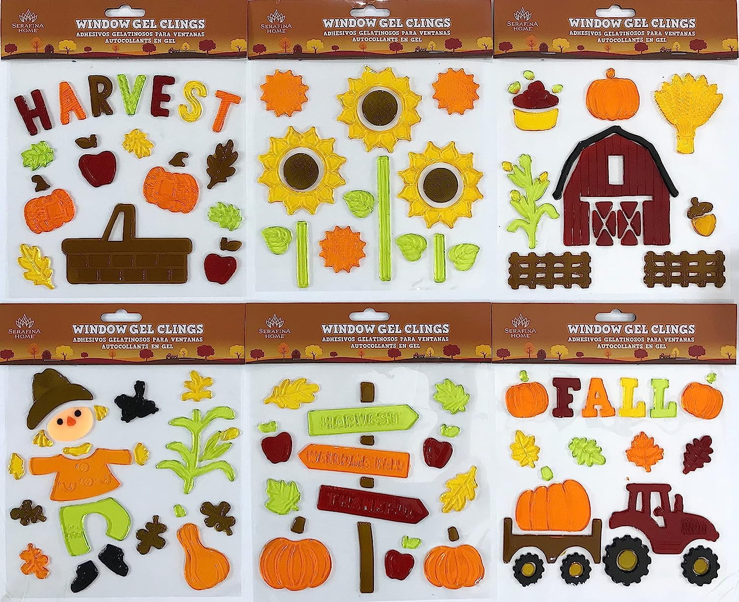 Serafina Home Fall Window Gel Clings: Pumpkins Scarecrow Turkey Leaves ...