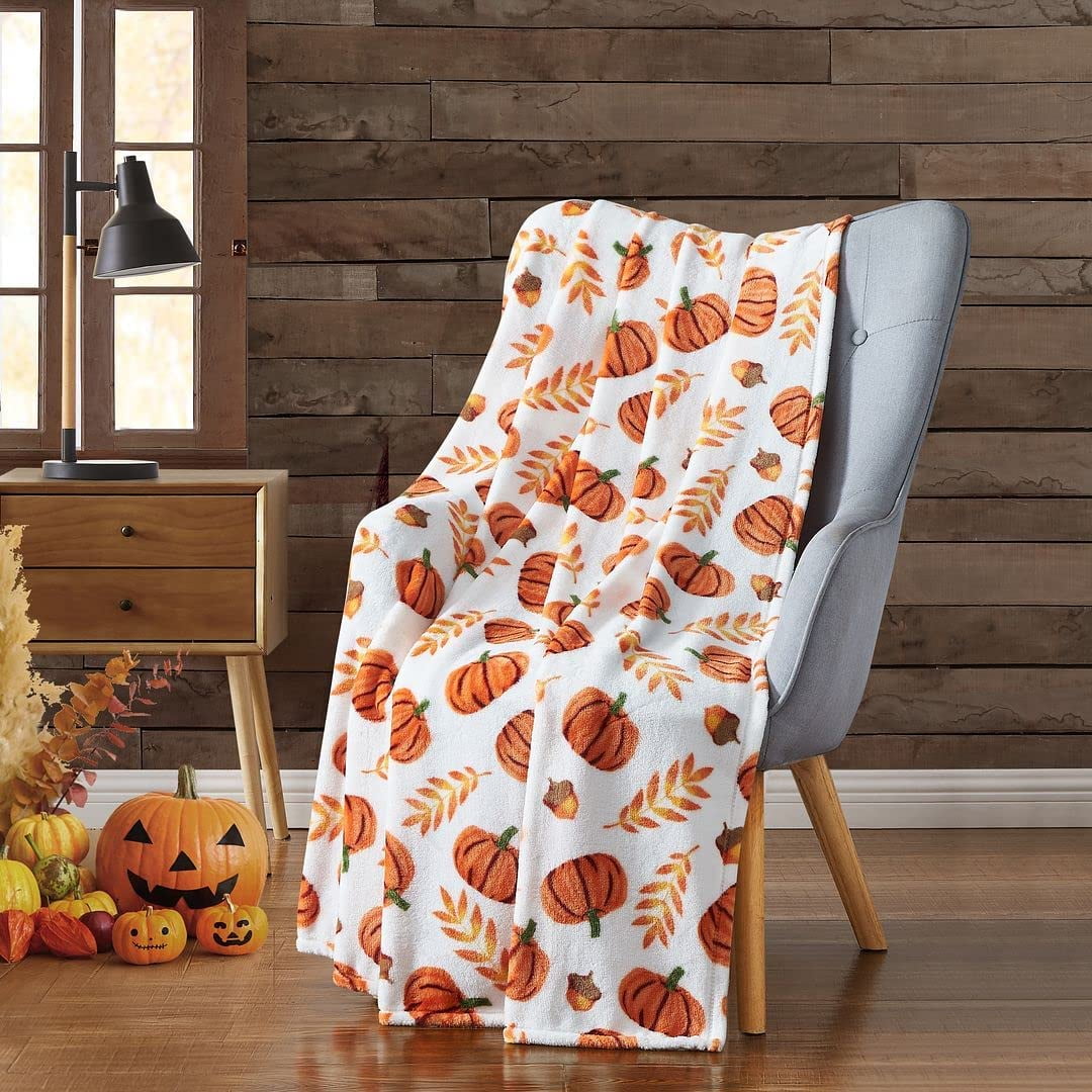 Serafina Fall Throw: Harvest Pumpkins & Wheat on Velvet Fleece, Country ...