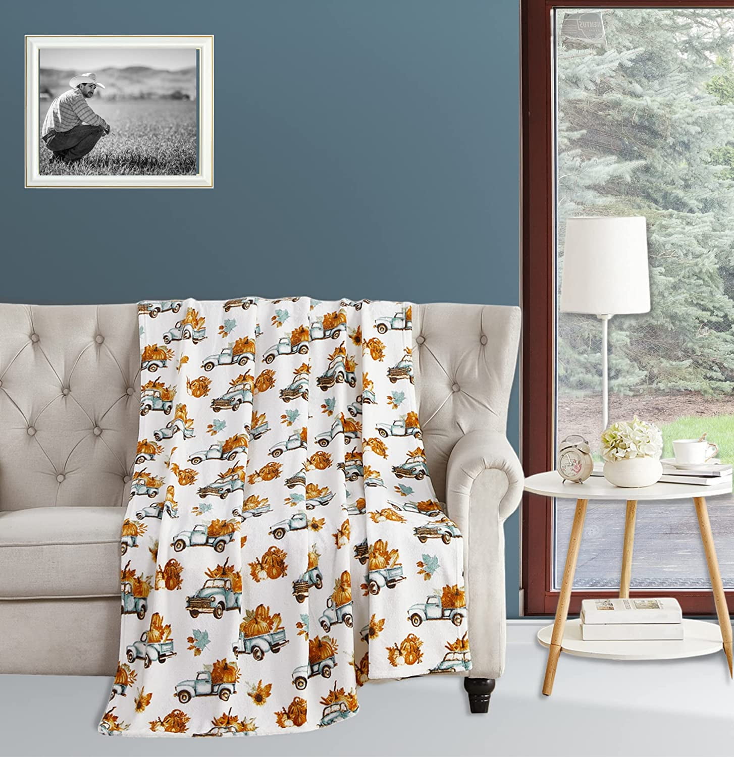 Serafina Home Farmhouse Fall Throw Blanket: Soft Silver Blue Pumpkins ...