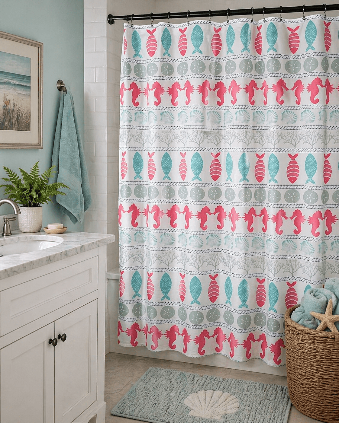 Serafina Home Fun Ocean Summer Fabric Shower Curtain for Bathroom: Fish ...