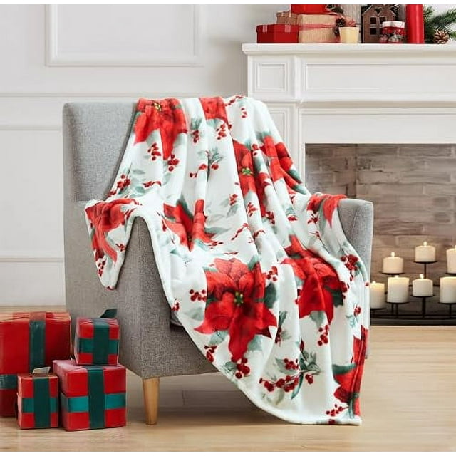 Serafina Home Holiday Christmas Throw Blanket: Holly Poinsettia on ...