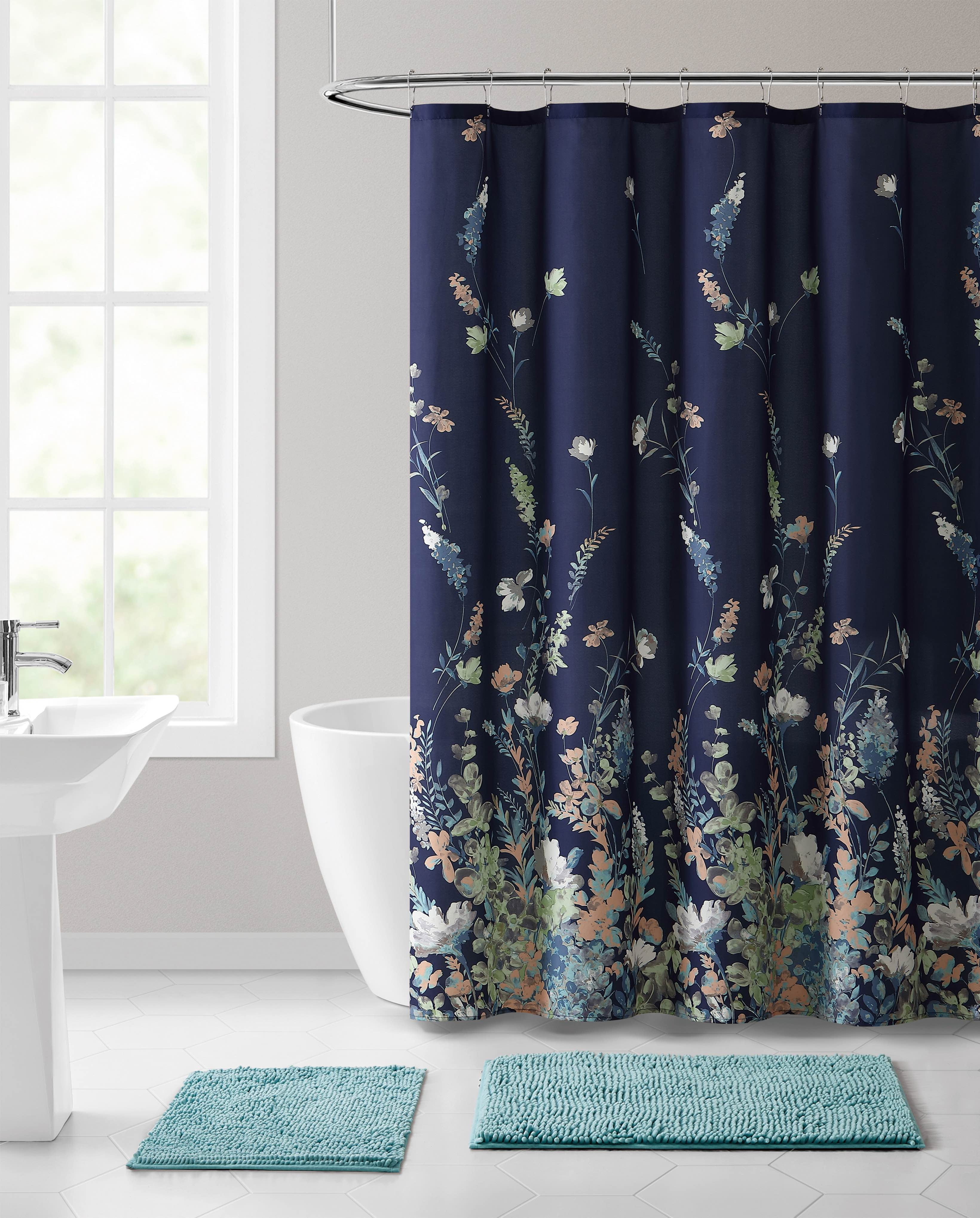 Serafina Home Misha Navy Blue Floral Bathroom Shower Curtain: Elegant ...