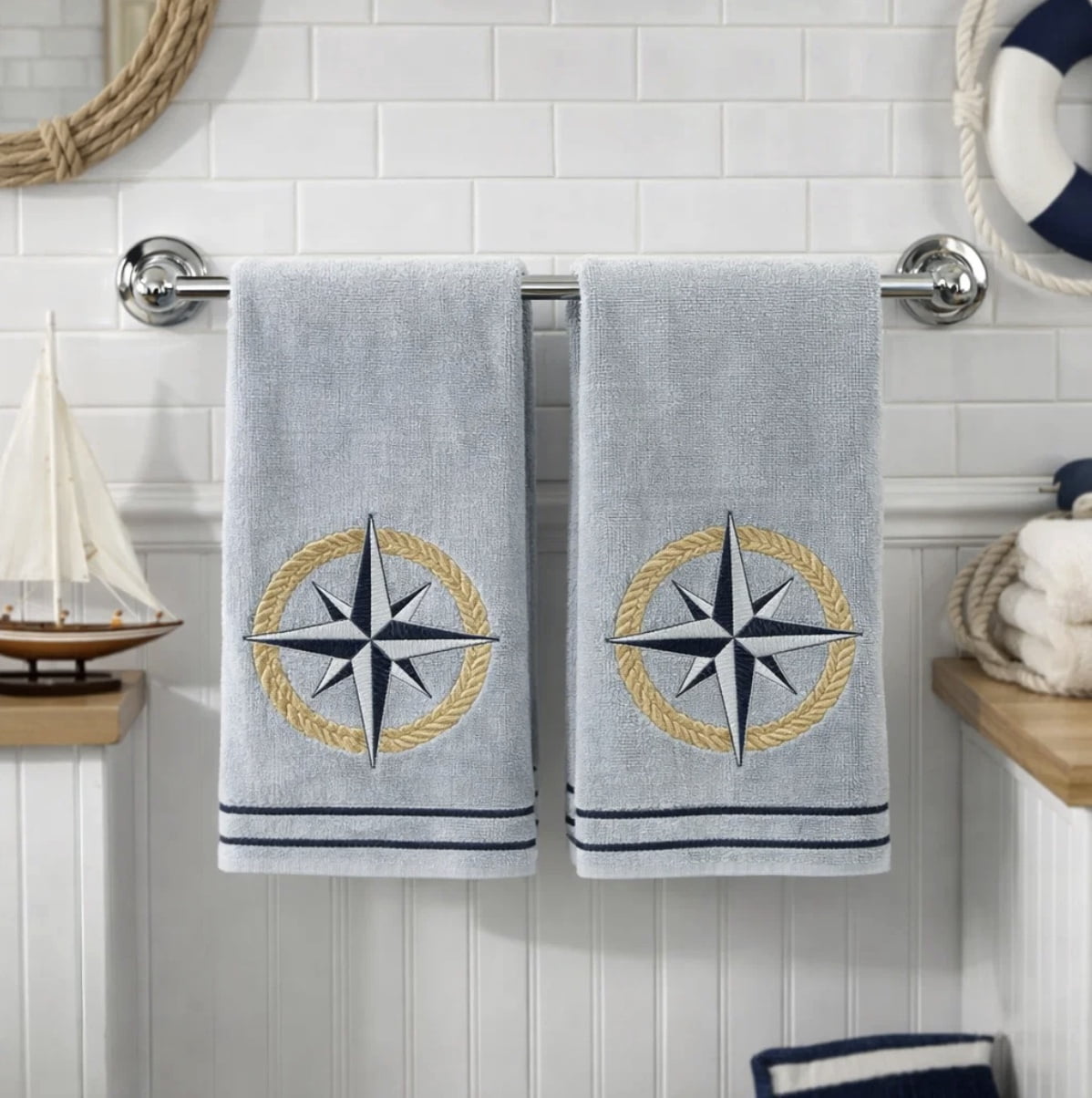 Serafina Home Nautical Compass Embroidered Bath Hand Towel Set, 16 x 25 ...
