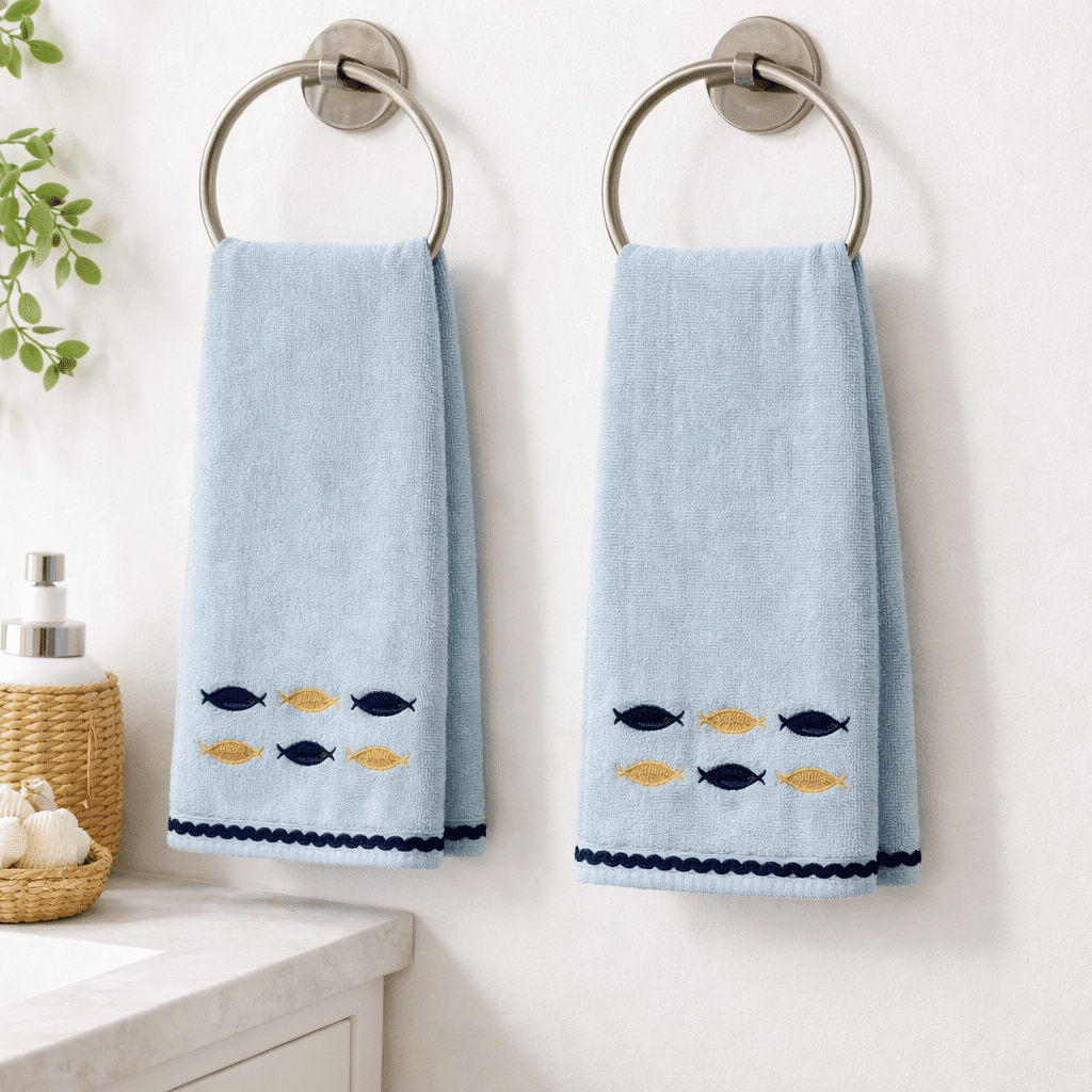 Serafina Home Nautical Hand Towels Set, Light Blue, Fish Embroidery, 16 ...