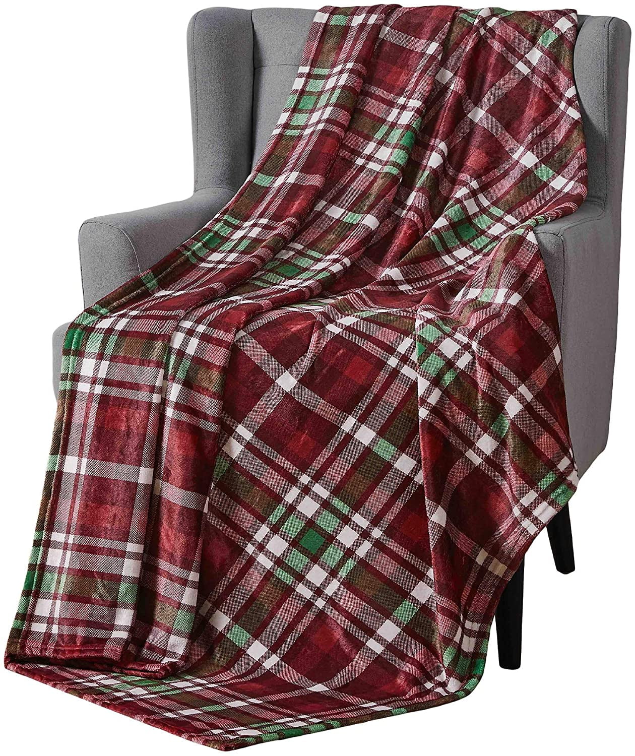 Serafina Home Plush Tartan Plaid Throw Blanket, Burgundy Red Green ...