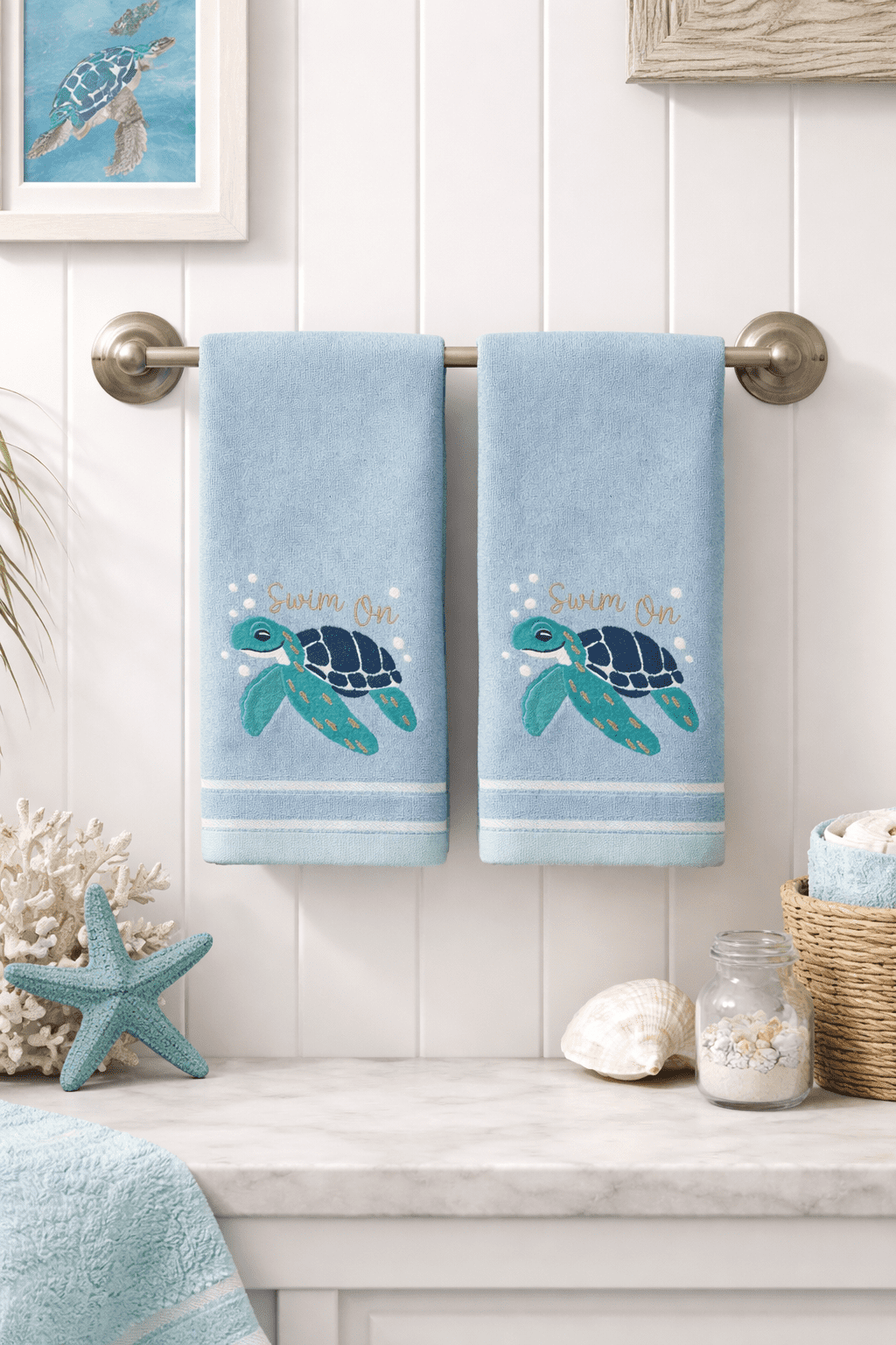 Serafina Home Sea Turtle Bathroom Hand Towels Set, 2 Pieces, 16 x 25 ...