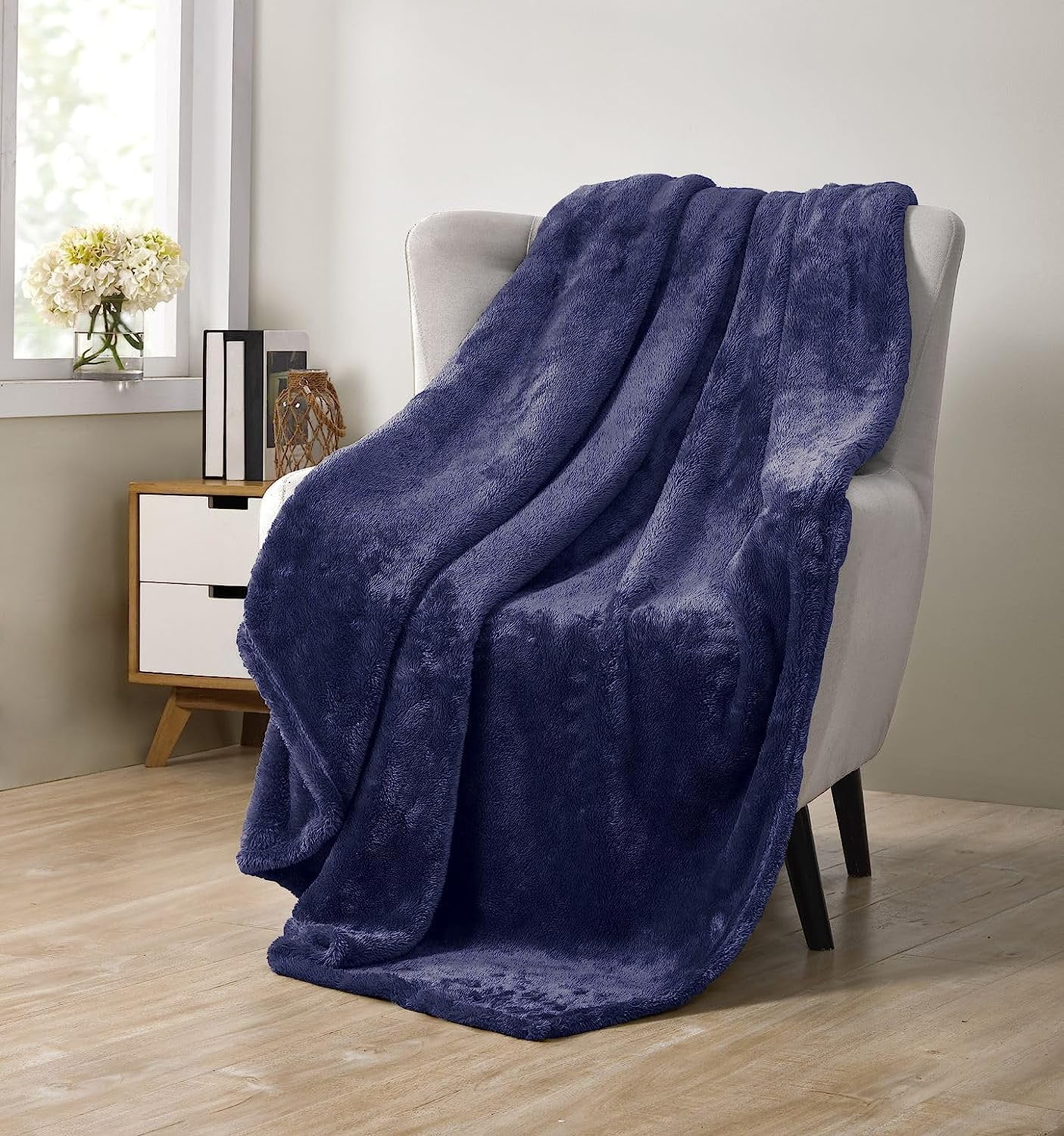 Serafina Home Luxury Faux Fur Navy Throw Blanket, Soft Fleece Plush ...