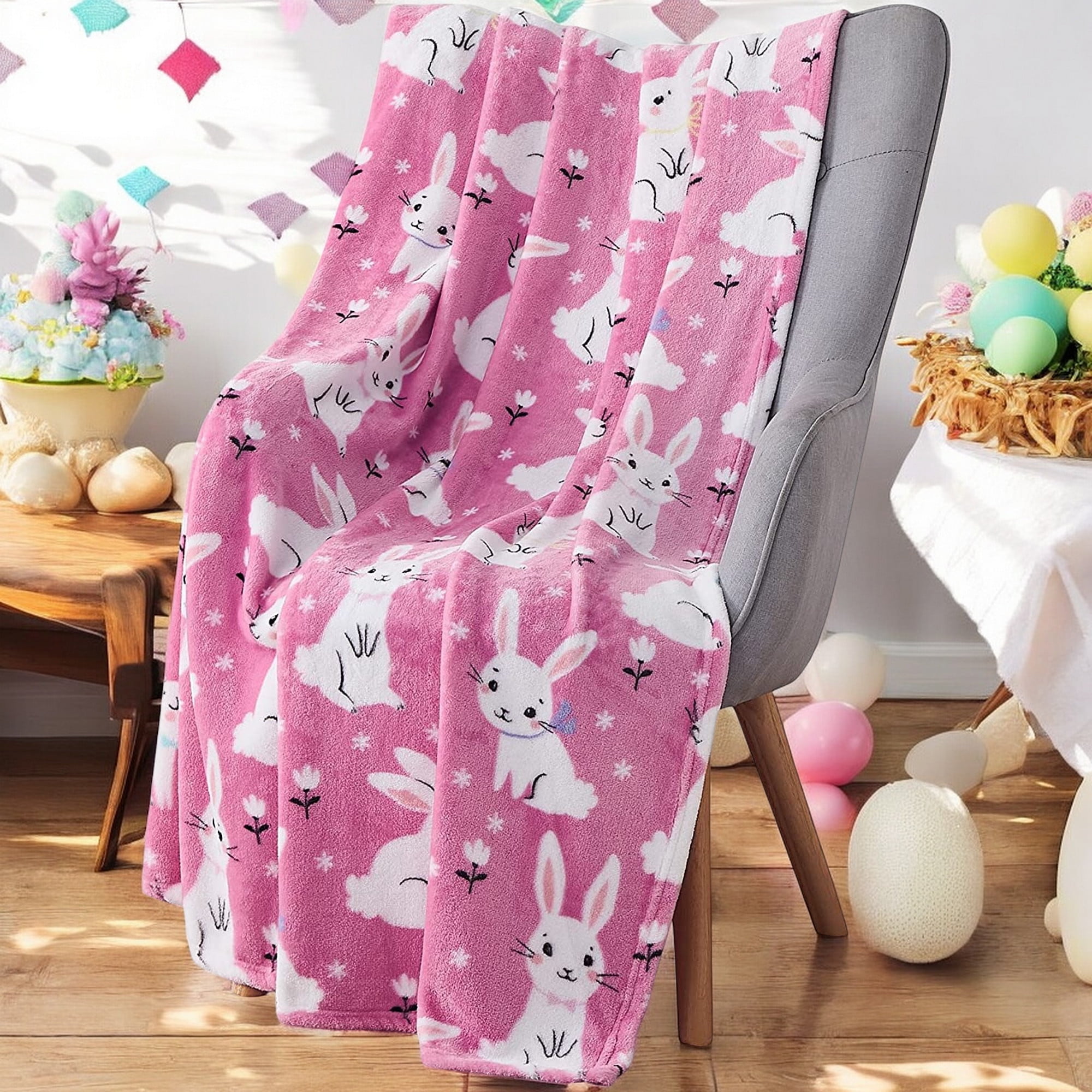 "Serafina Easter Throw Blanket: Bunnies, Velvet Fleece, Pink Blue White ...