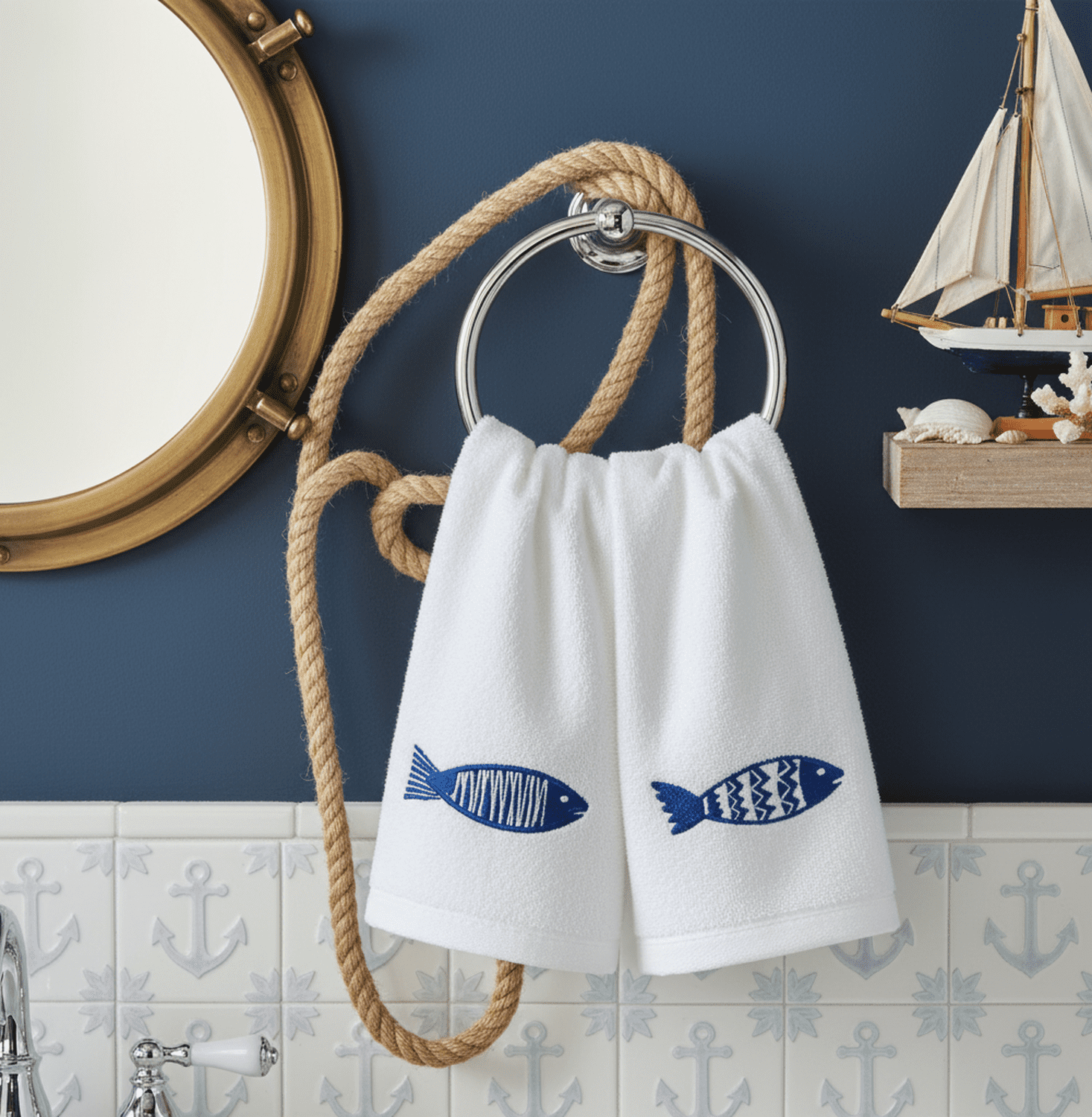 Serafina Home Summer Soft Absorbent Bathroom Coastal Guest Embroidered ...
