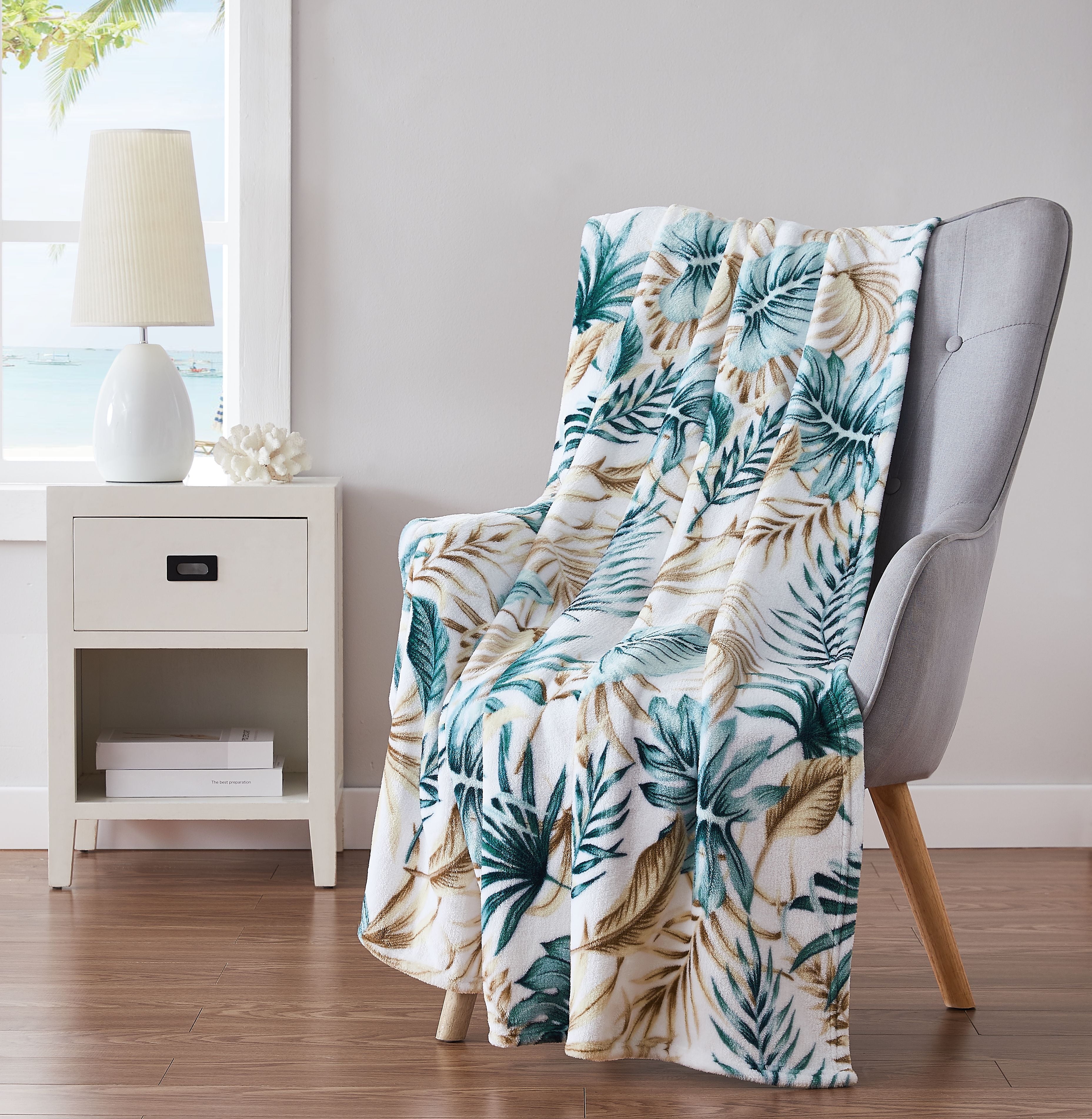 Serafina Home Teal And Beige Palm And Tropical Throw Blanket, 50" x 70 ...