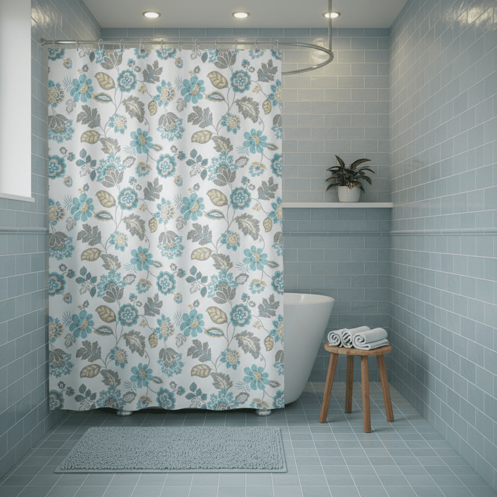 Serafina Home Floral Shower Curtain in Teal, Grey & Yellow for Bathroom ...