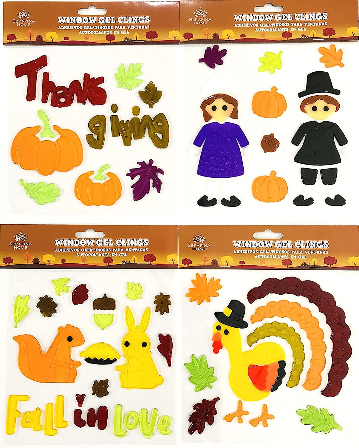 Serafina Home Thanksgiving Gel Window Clings: Pilgrims, Harvest Pumpkin ...