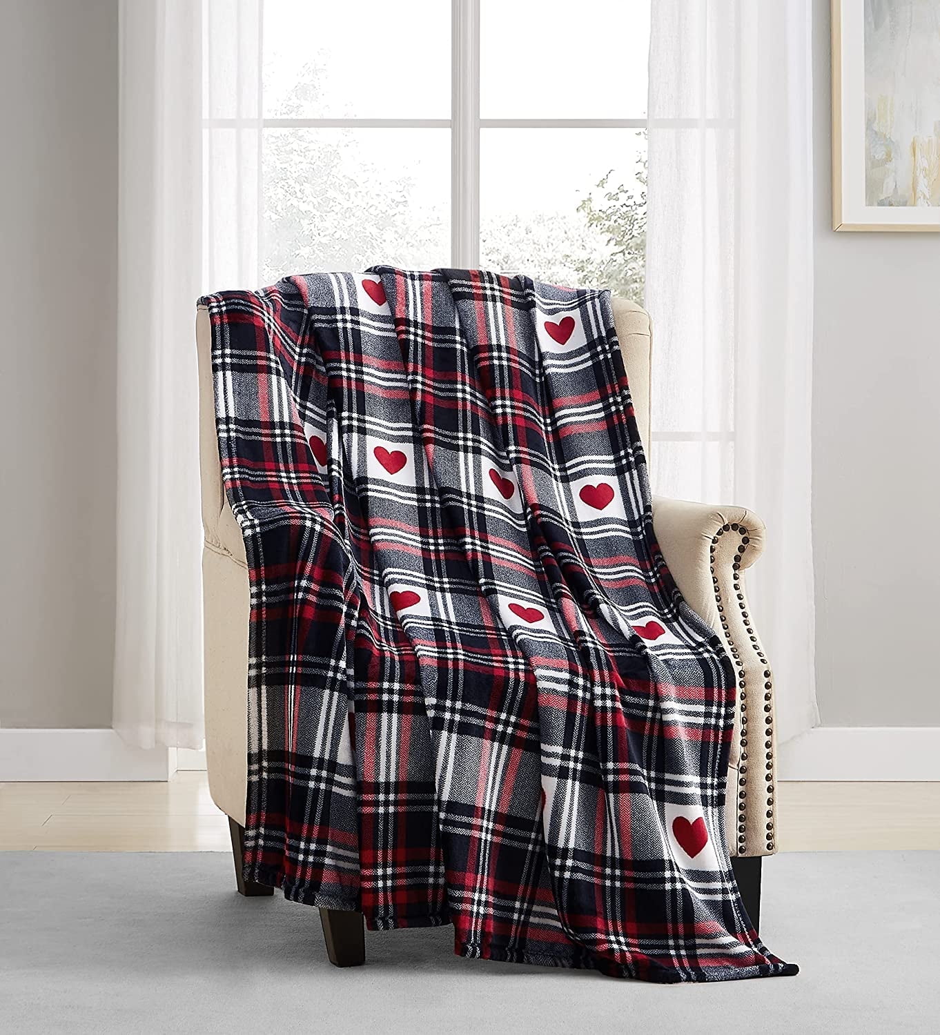 Serafina Home Valentine's Throw Blanket: Red Black White Plaid with Red ...