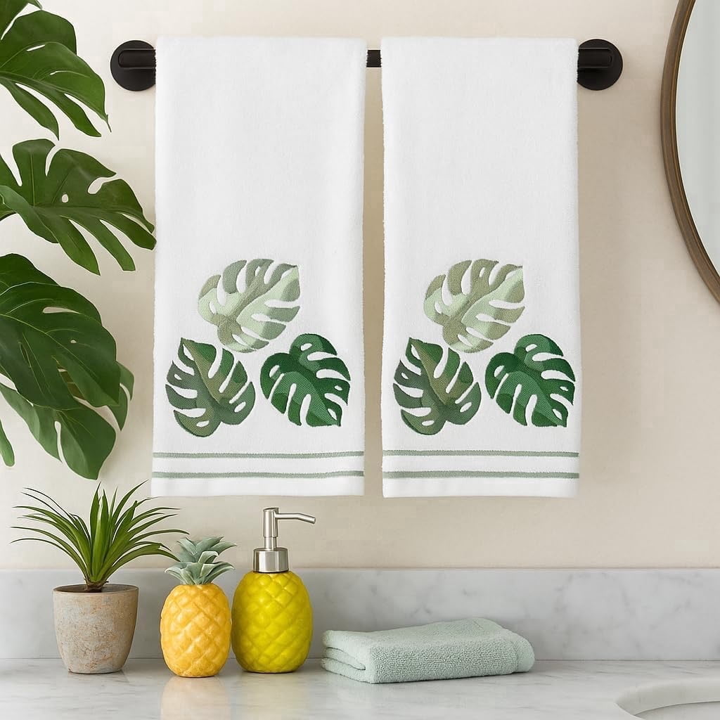 Serafina Home Tropical Bathroom Hand Towels- Set of 2 100% Cotton White ...