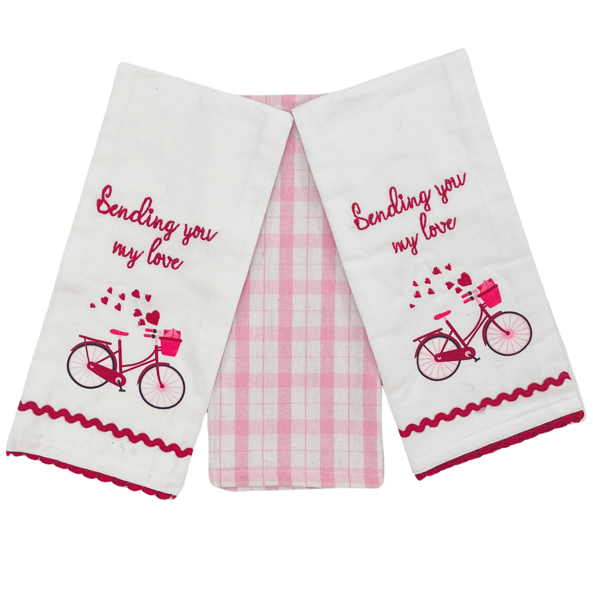 Serafina Home Valentines Kitchen Towels: Sending You Love Bicycle and Cute Candy Striped XO ...