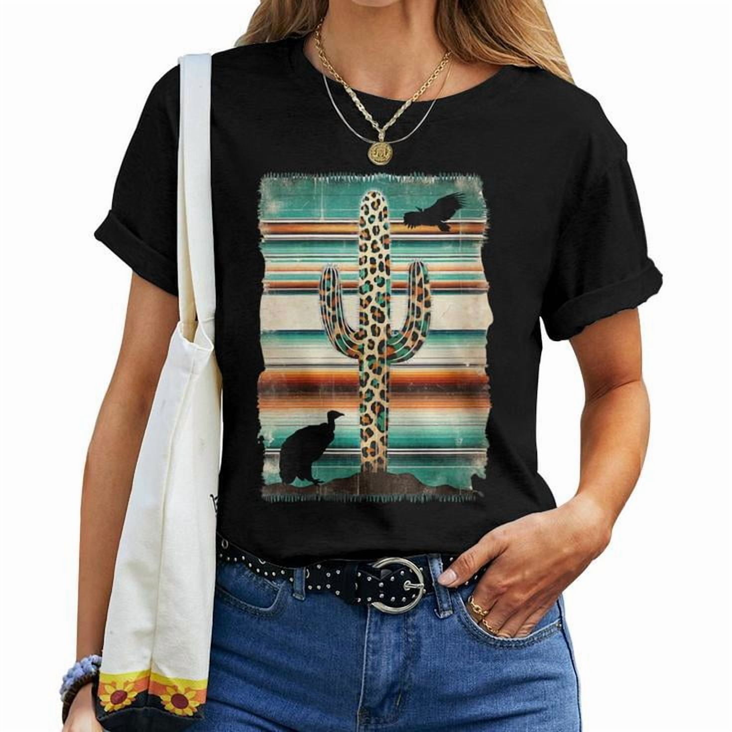 Serape Cactus Print T-Shirt, Green Leopard Western Saguaro Cactus Tee ...