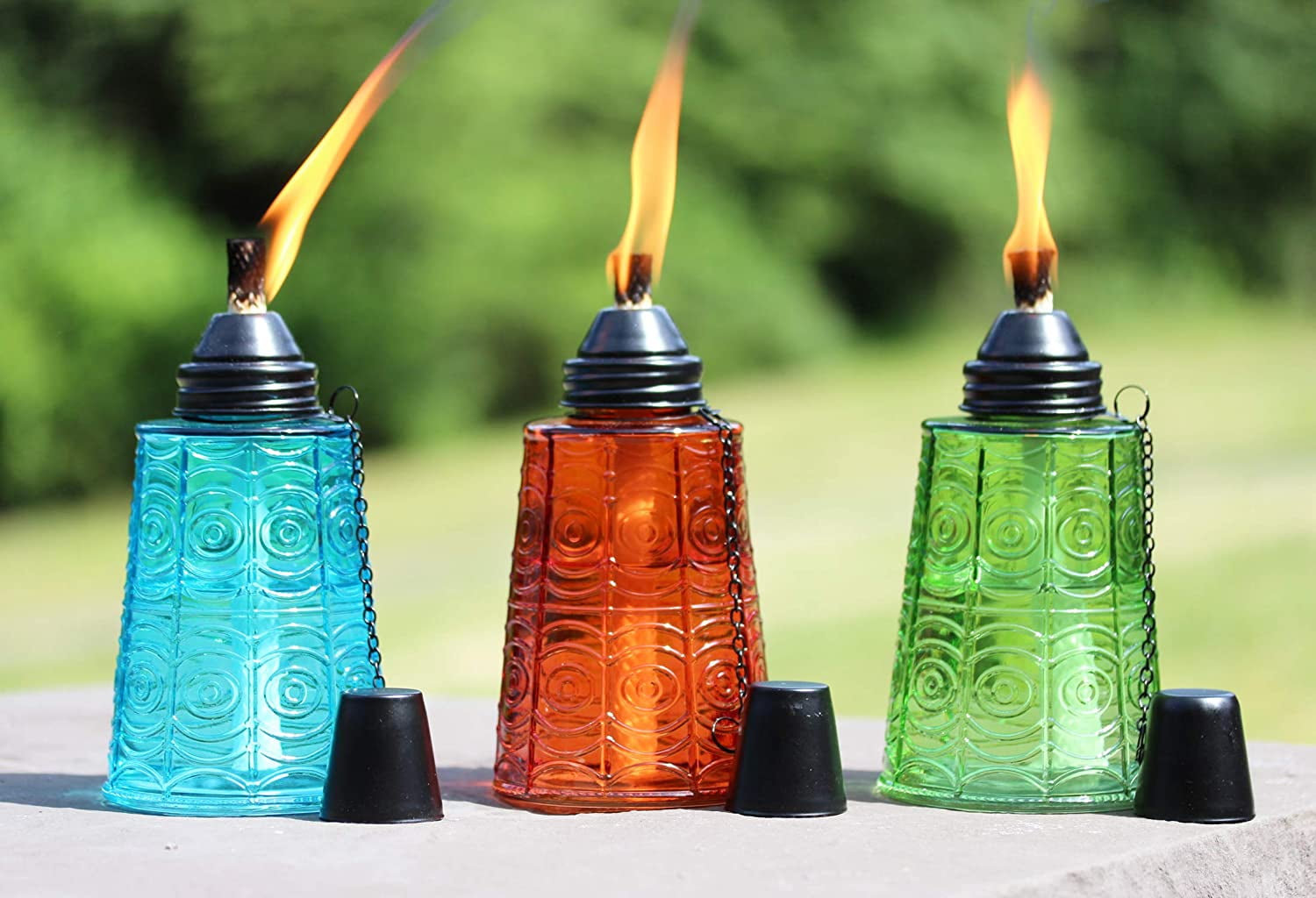 Seraphic Tabletop Tiki Torches, Citronella Oil Candles, Set of 3, Blue ...