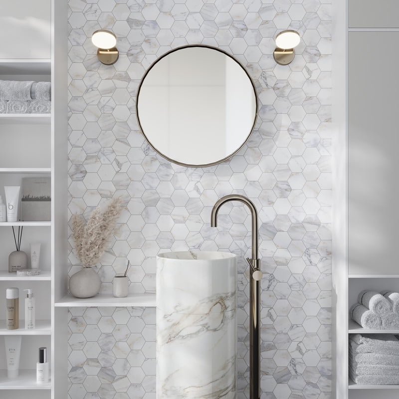 Serena 10 x 11 in. Honed White Gray Marble Mosaic Hexagon Wall and ...