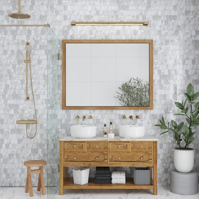 Serena 12x13 Misty White Gray Calacatta Gold Mosaic Picket Lantern Wall ...