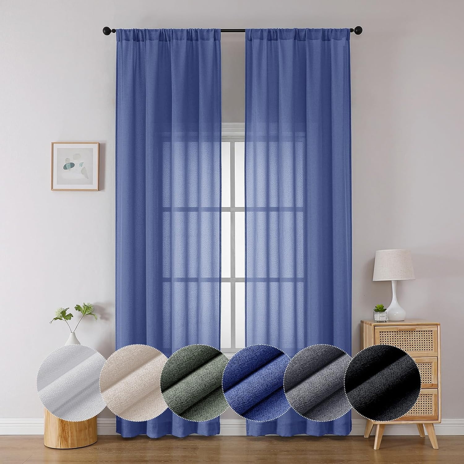 Serena Semi-Sheer Blue 96 Inch Curtains, Soft Faux Linen Textured ...