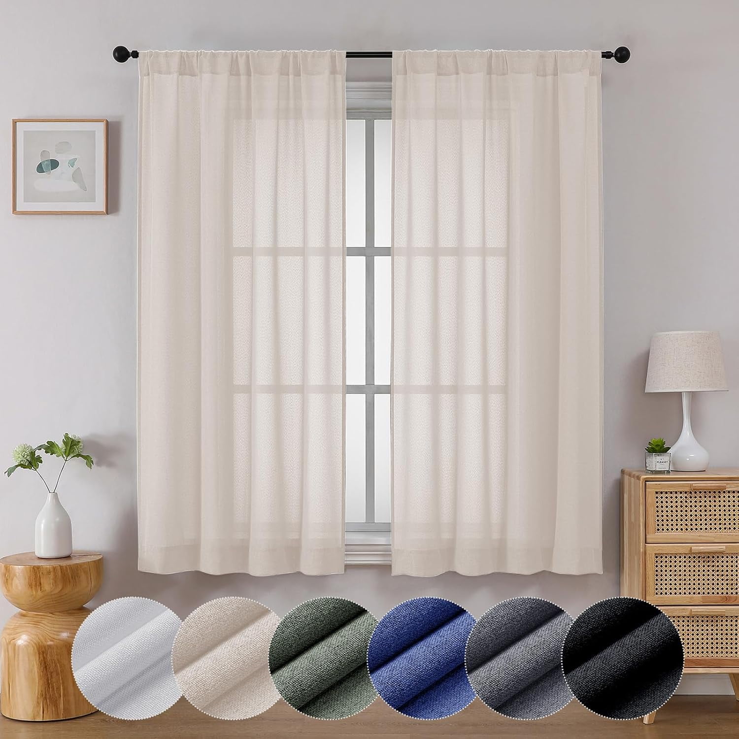 Serena Semi Sheer Linen Curtains 63 Inch Length Set of 2, Airy ...