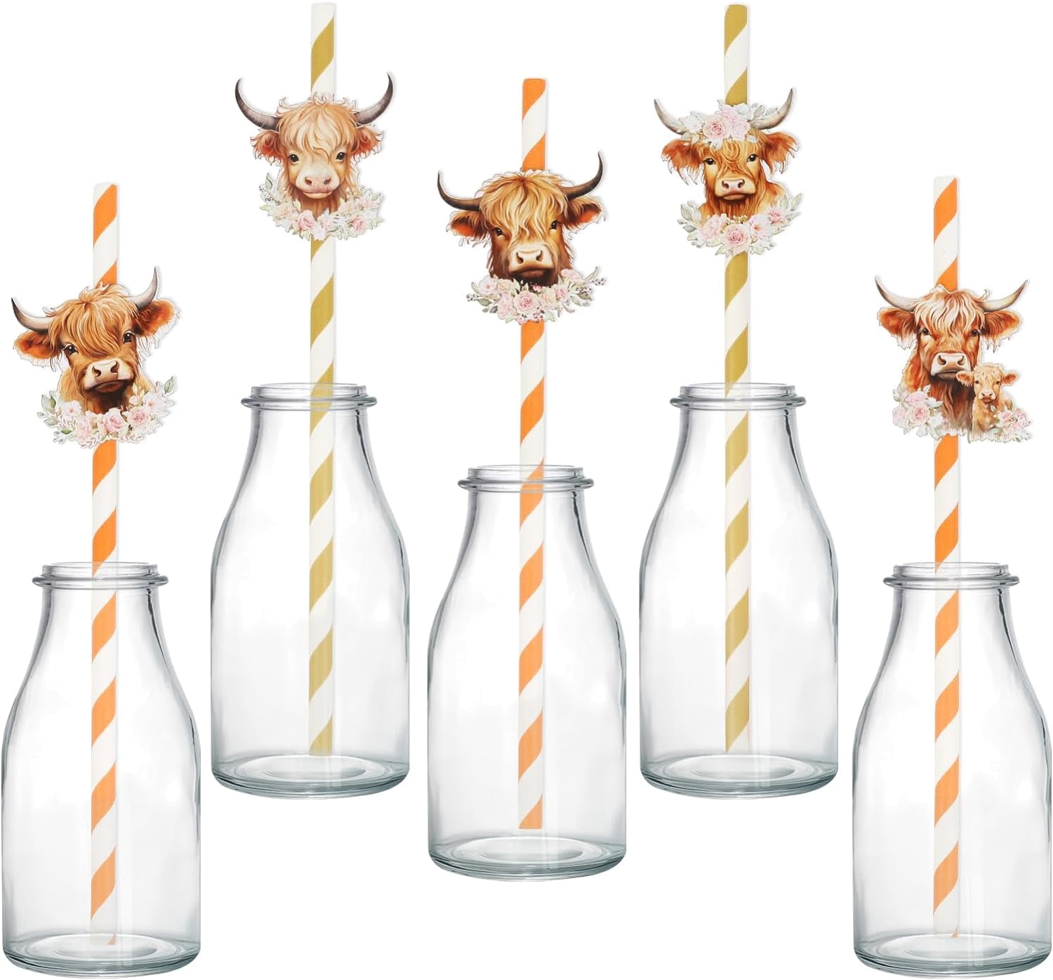 Serencatcher 50Pcs Floral Highland Cow Paper Straws, Highland Cattle ...