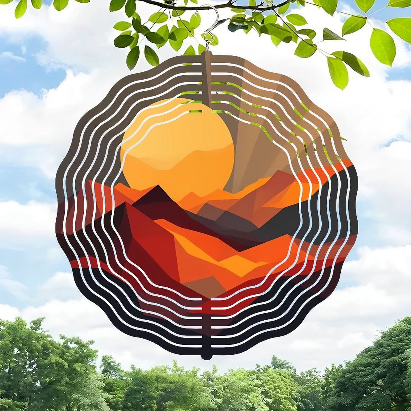 Serene 3D Metal Hanging Wind Spinners - Nature-Inspired Sun & Mountain ...