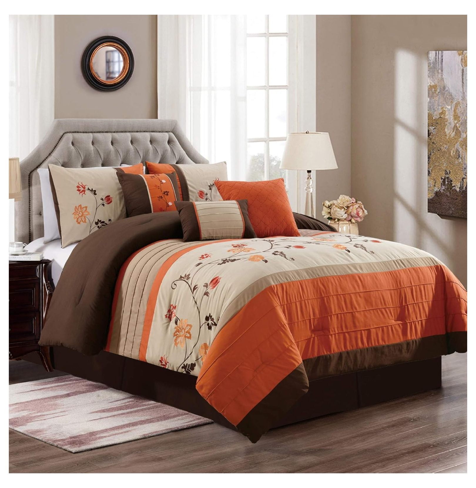 Serene 7-Piece Luxury Autumn Floral Embroidery Comforter Set, Queen ...