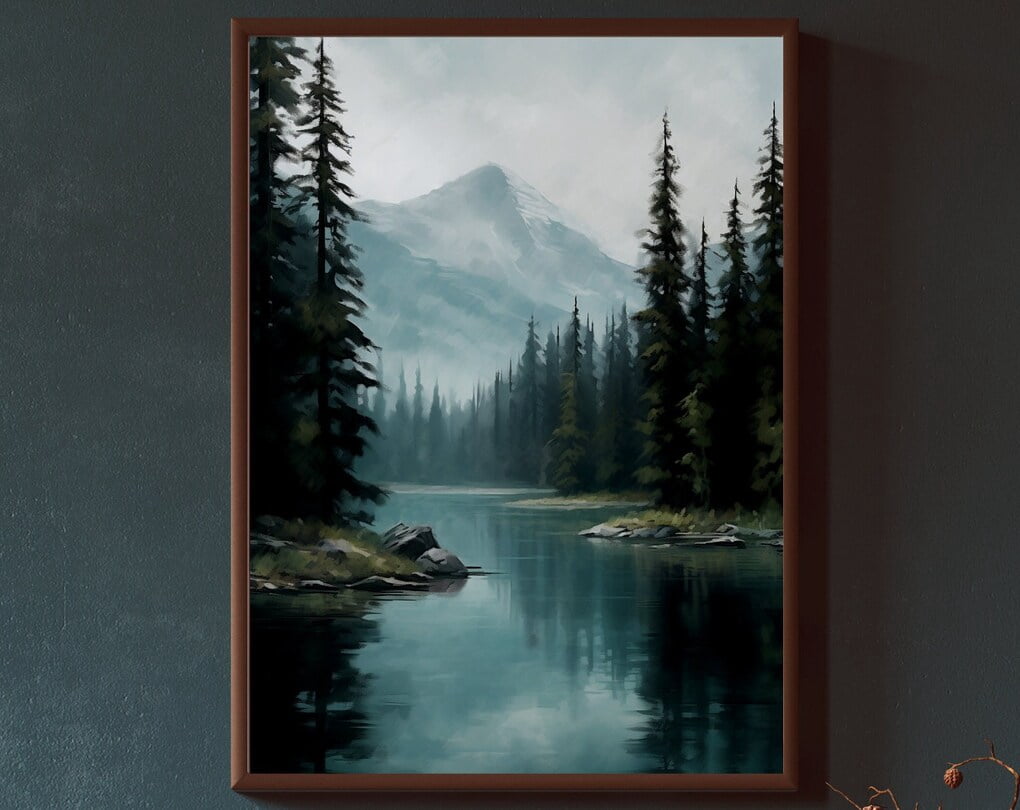 Serene Alpine Lake Painting Art Deep Green Forest, Sapphire Blue ...