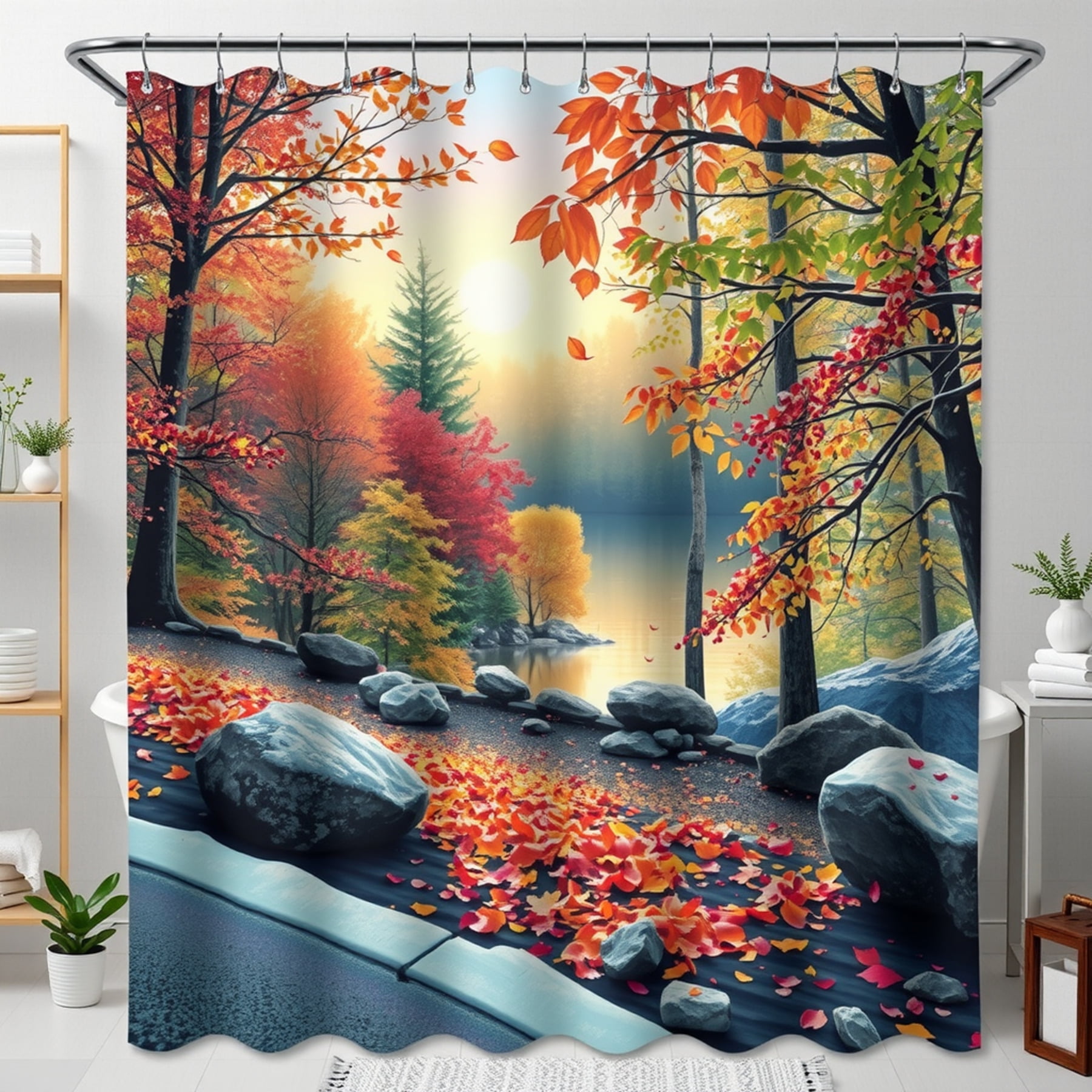 Serene Autumn Shower Curtain - Vibrant Fall Leaves & Calm Lake Scene ...