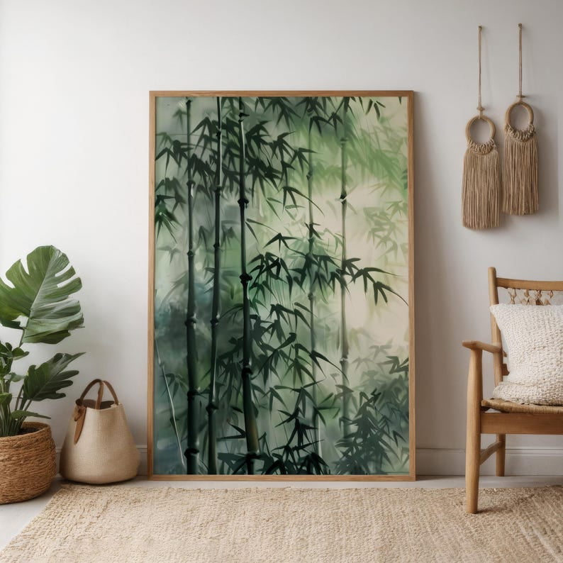 Serene Bamboo Grove Wall Print Watercolor Painting Lush Bamboo Forest ...